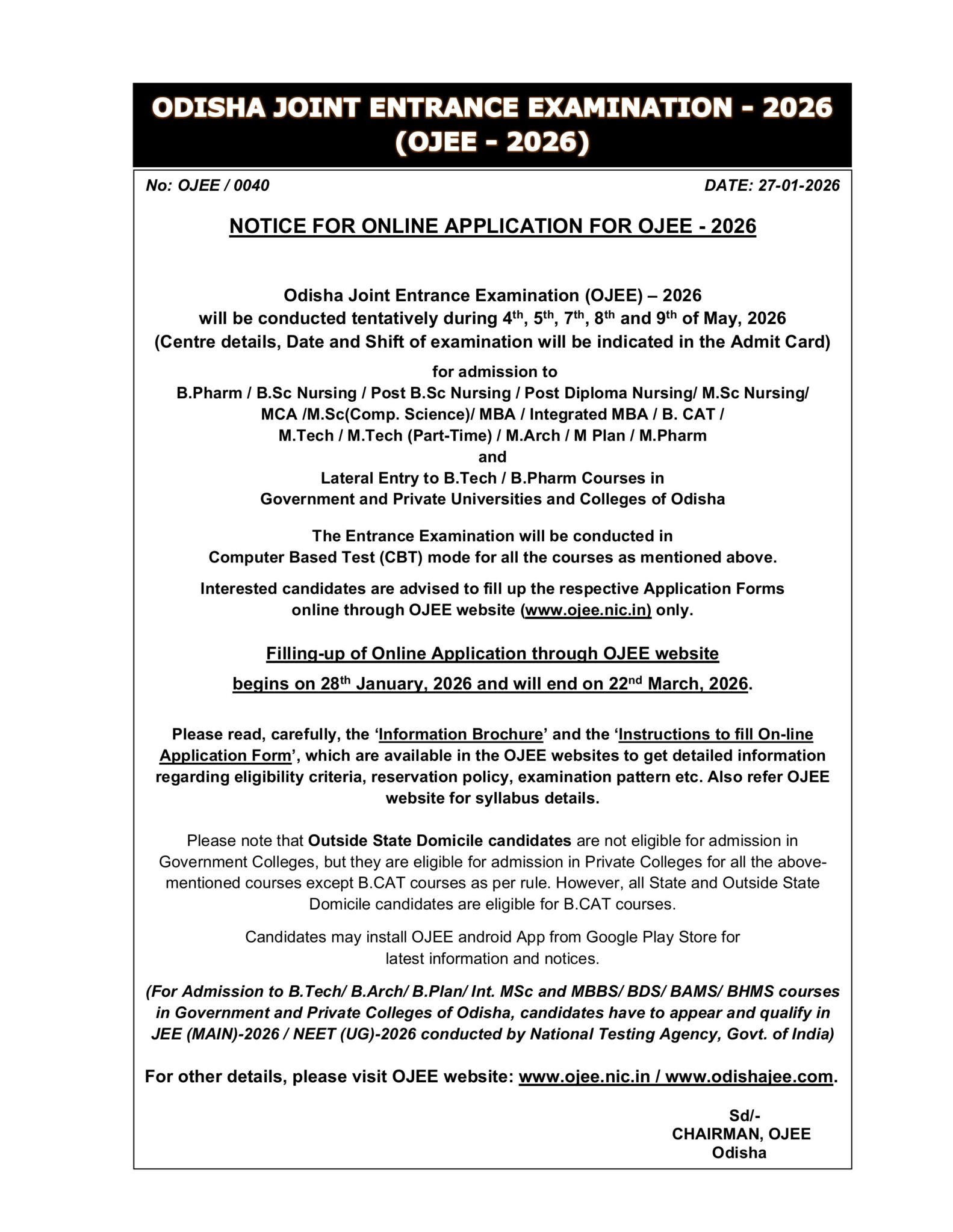 OJEE 2026 Application Form Started | Exam Date, Eligibility, Courses